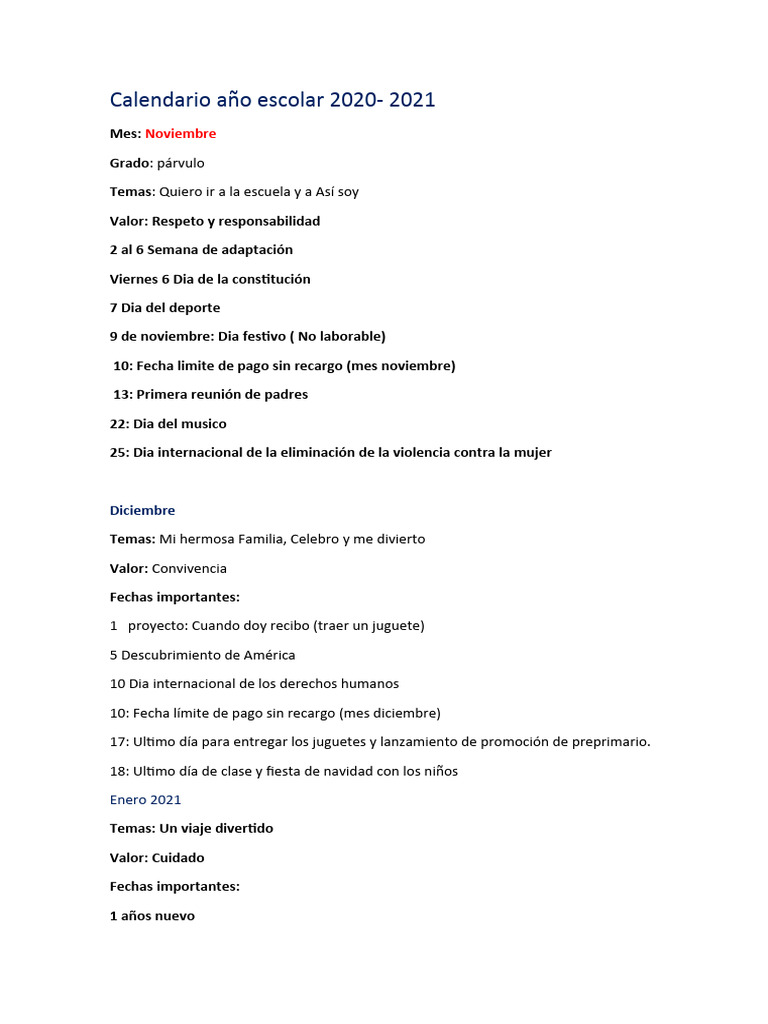 Calendario Escolar 2020-2021: Fechas Clave | PDF | Navidad