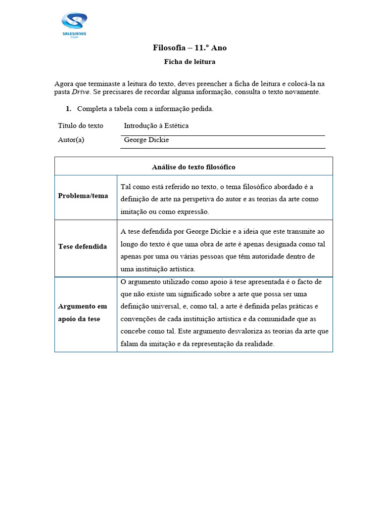 Ficha de Leitura - George Dickie, Introdução À Estética | PDF | Filosofia