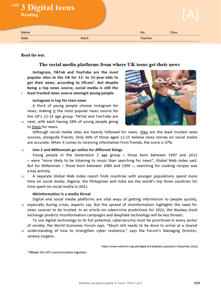 Unit 3 Reading - Digital Teens (A) Pages 113-114 | PDF | Social Media ...