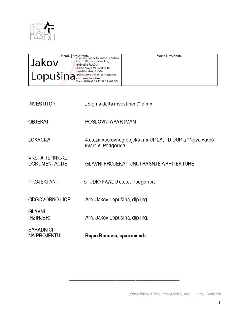 Glavni Projekat Adaptacije - 4.etaža Poslovnog Objekta Na UP 2A, IiD DUP-a "Nova Varoš" E.P. | PDF