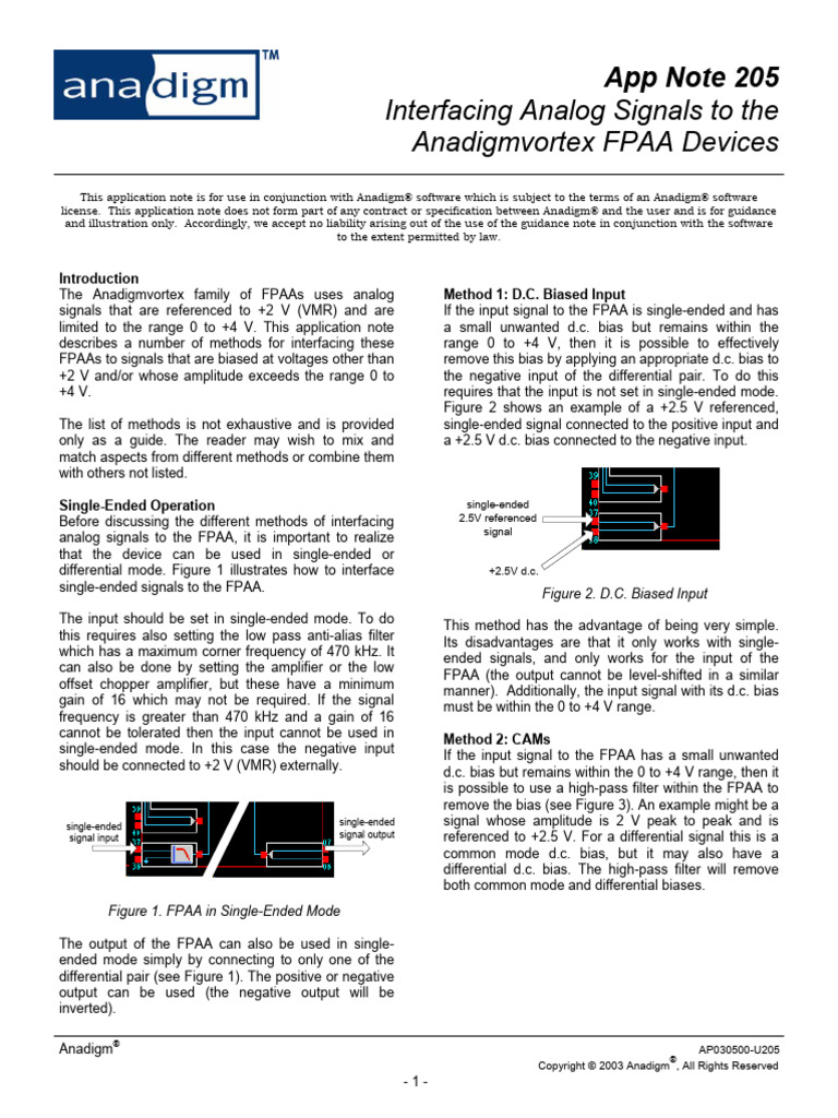 Interfacing Analog Signals To The Anadigmvortex FPAA Devices | PDF | Amplifier | Operational ...
