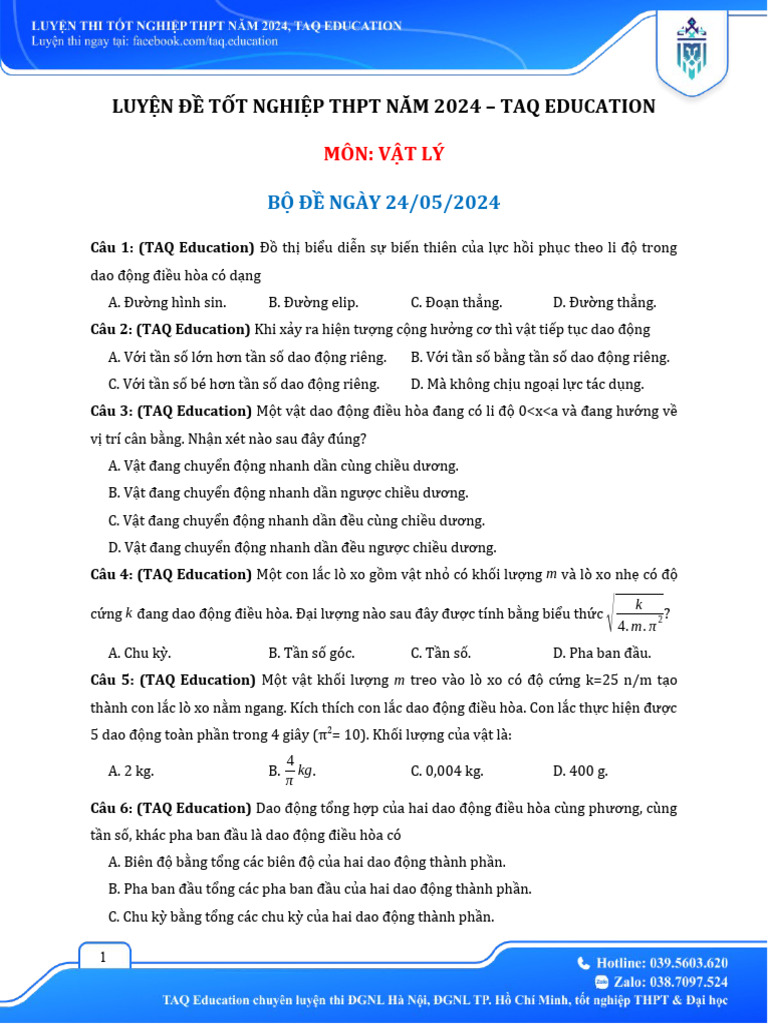 HS - THPT BỘ ĐỀ VẬT LÝ NGÀY 24.05.2024 | PDF