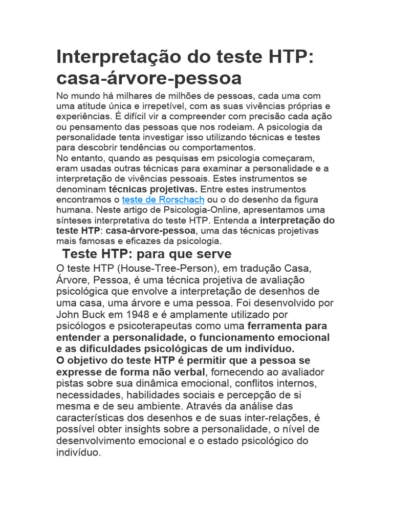 Interpretação Do Teste HTP Casa Árvore Pessoa | PDF | Psicologia ...