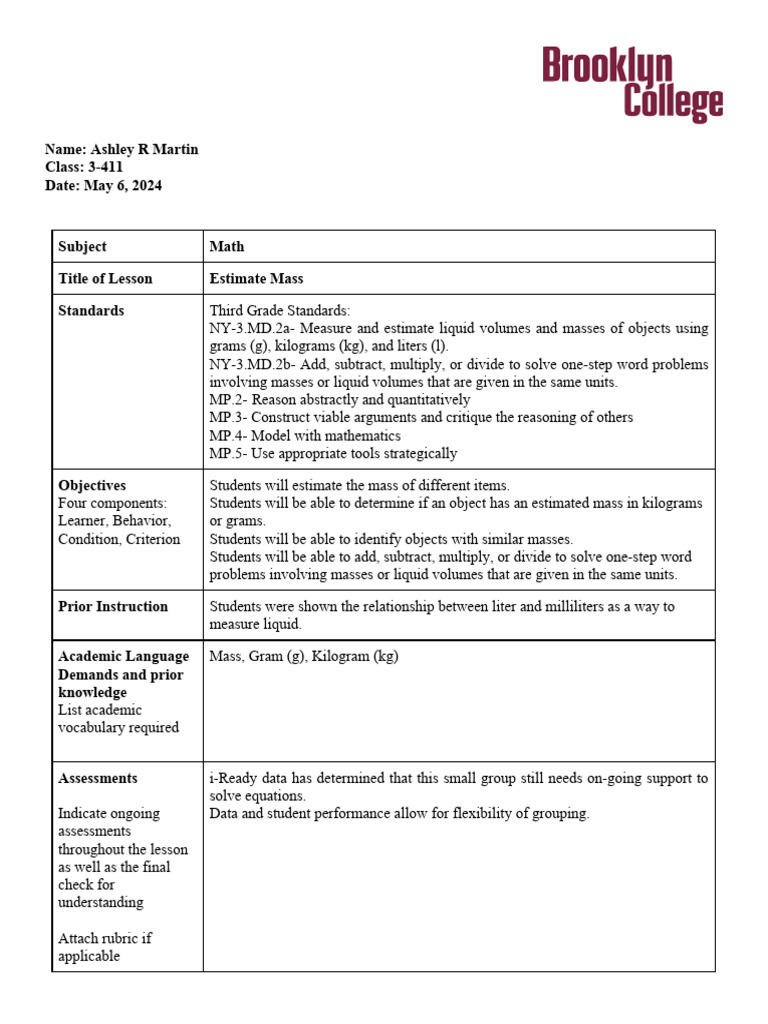 Estimating Mass in Third Grade Math | PDF | Mass | Weight