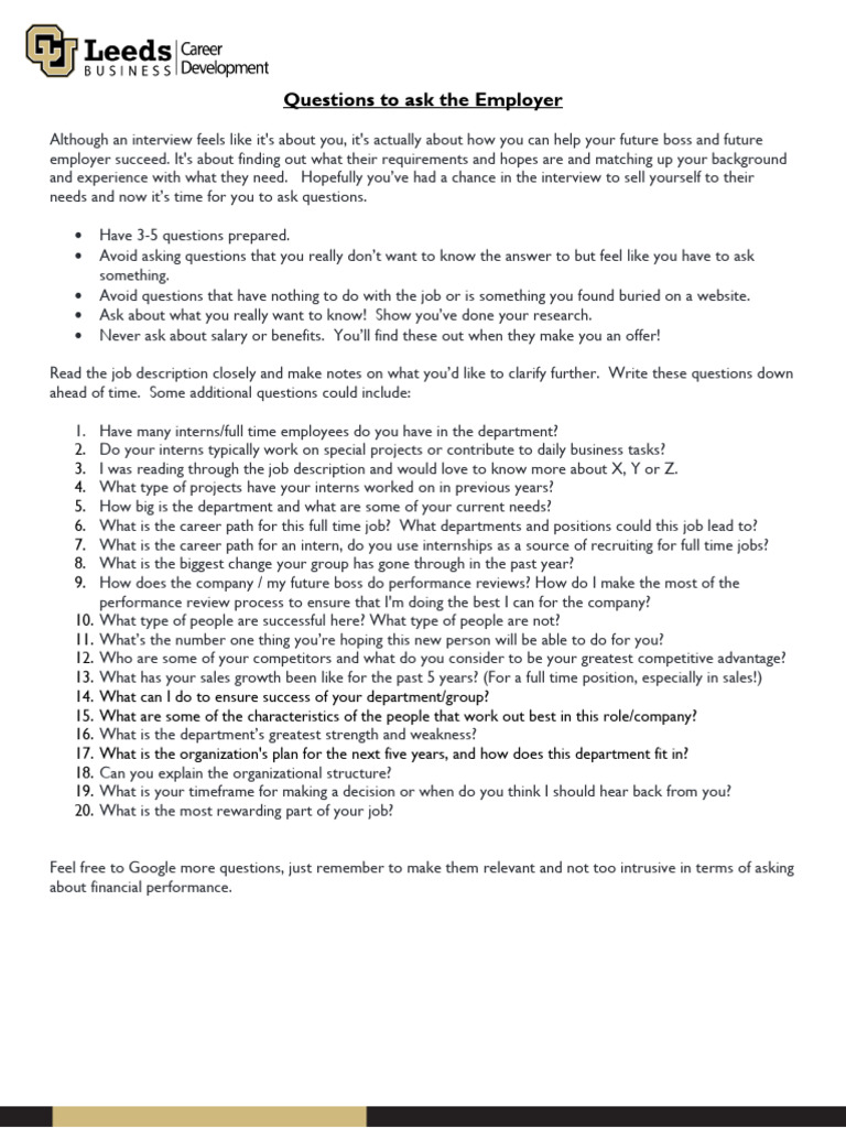 Questions to ask the Employer | PDF | Internship | Job Hunting