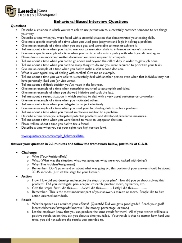 Behavioral Based Interview Questions | PDF | Persuasion | Cognitive Science