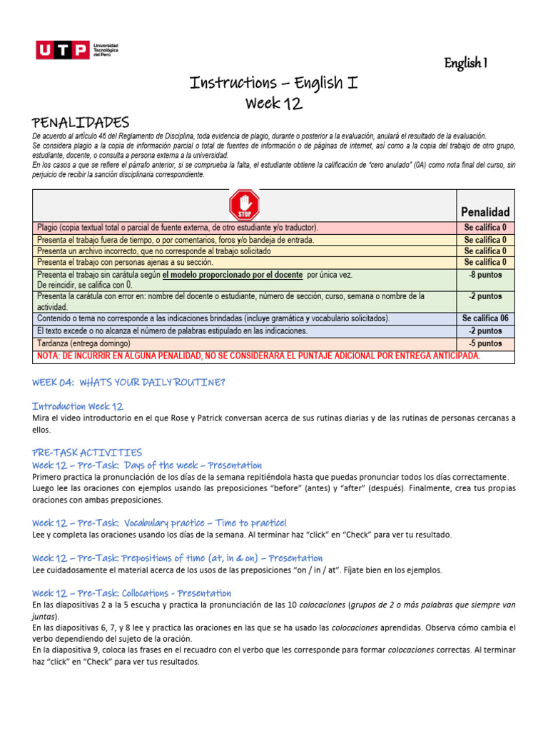 Week 12 - Indicaciones en Español para El Alumno - Inglés 1 | PDF | Mecánica del lenguaje ...