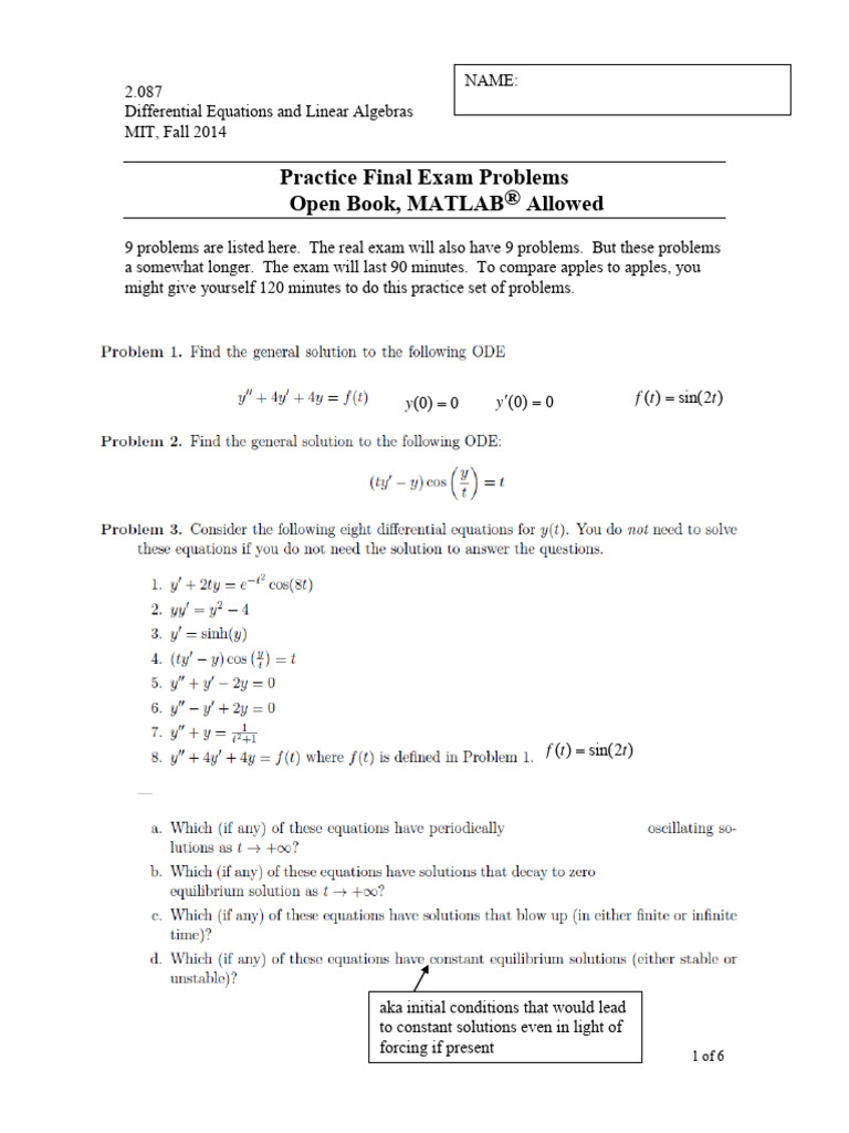 MIT2 087F14 PracFinaexamv4 | PDF | Matrix (Mathematics) | Equations
