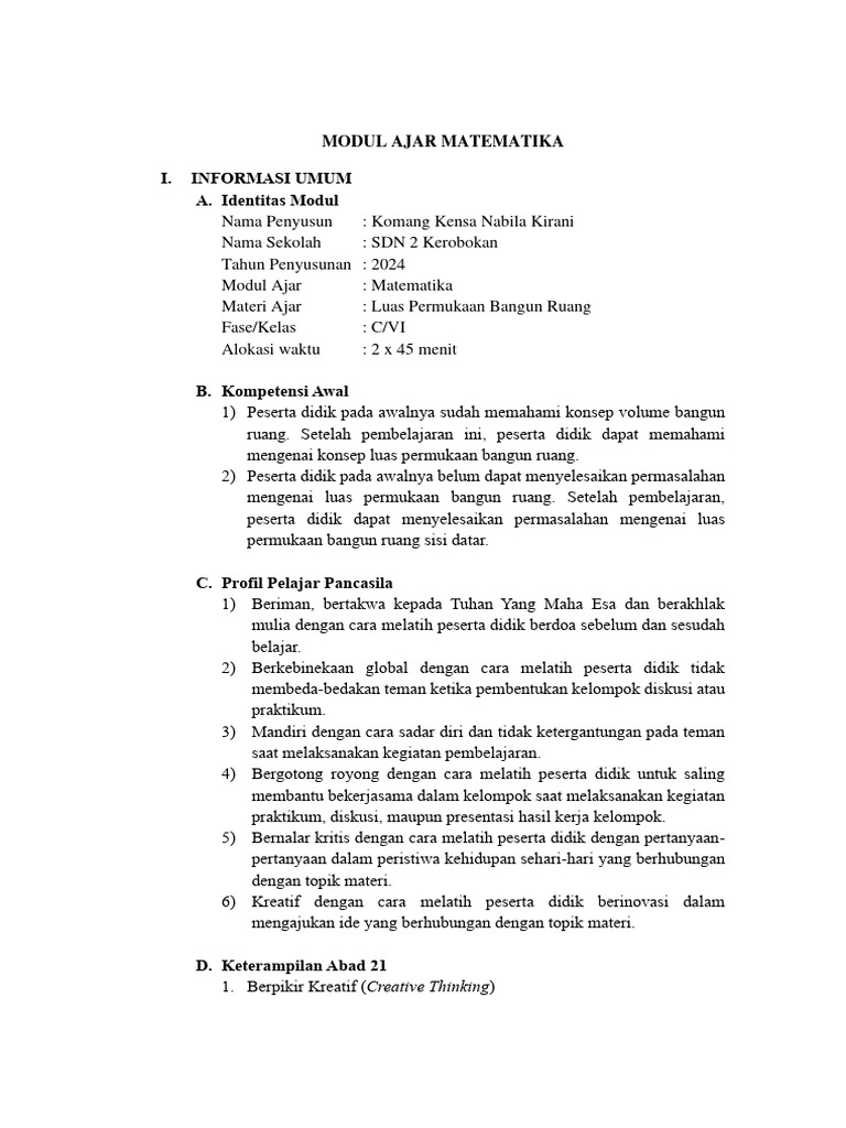 Modul Ajar Luas Permukaan Bangun Ruang Pdf