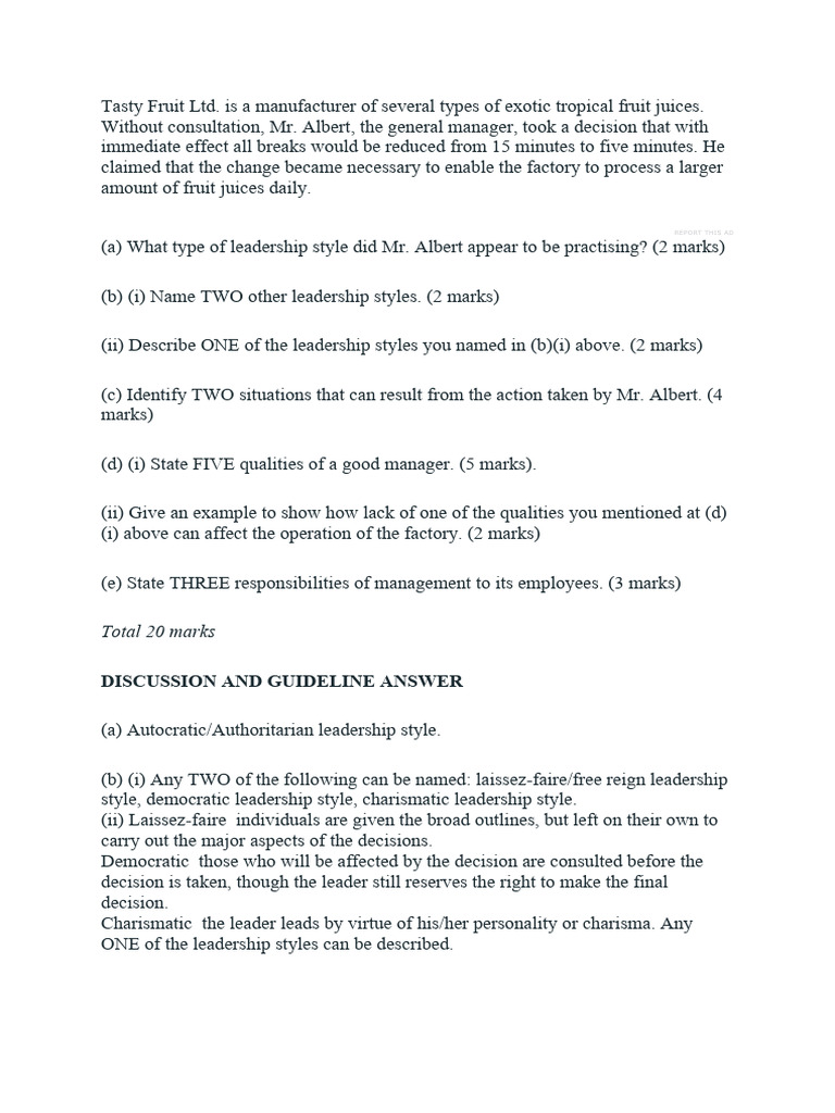 Leadership Style Question and Answer | PDF | Leadership | Industrial ...