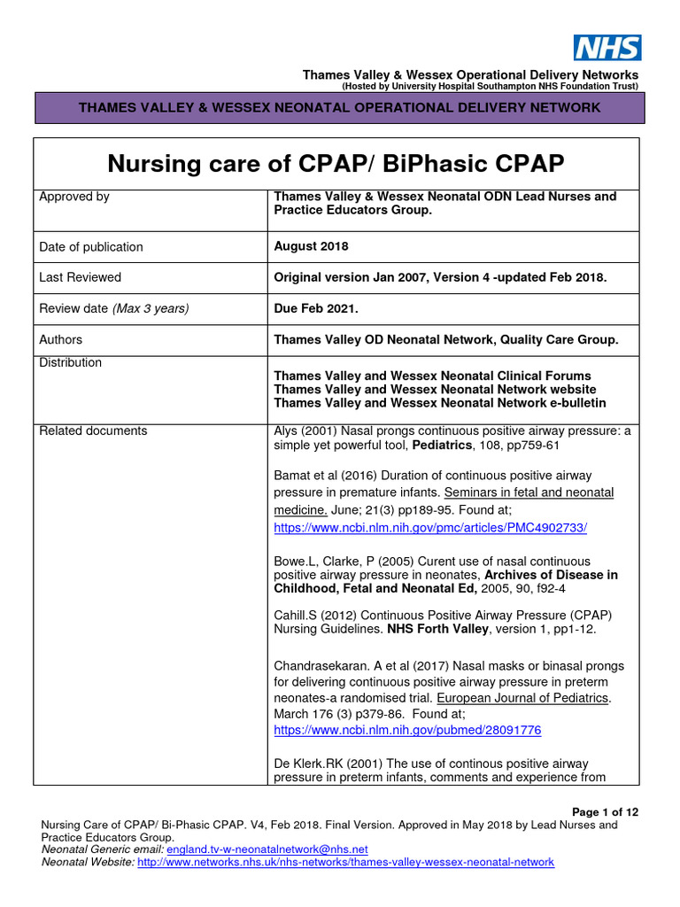 Nursing Care of Cpap or Bi Phasic Cpap. v4 Feb 2018. Final Version ...