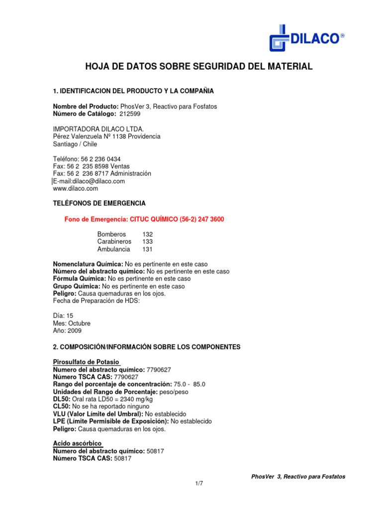 PhosVer 3: Seguridad y Composición Química | PDF | Agua | Solubilidad