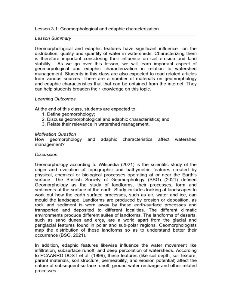 Lesson 3. 1 Geomorphology and Edaphic Features | PDF | Geomorphology | Soil