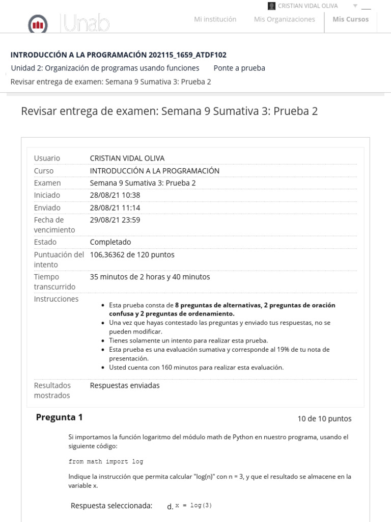 Revisar Entrega de Examen - Semana 9 Sumativa 3 CV | PDF | División (Matemáticas) | Python ...