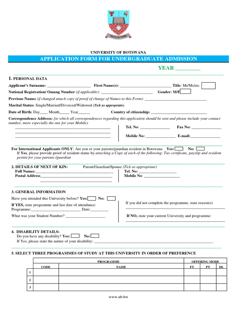 University of Botswana Admission Form | PDF | Career & Growth | Finance ...