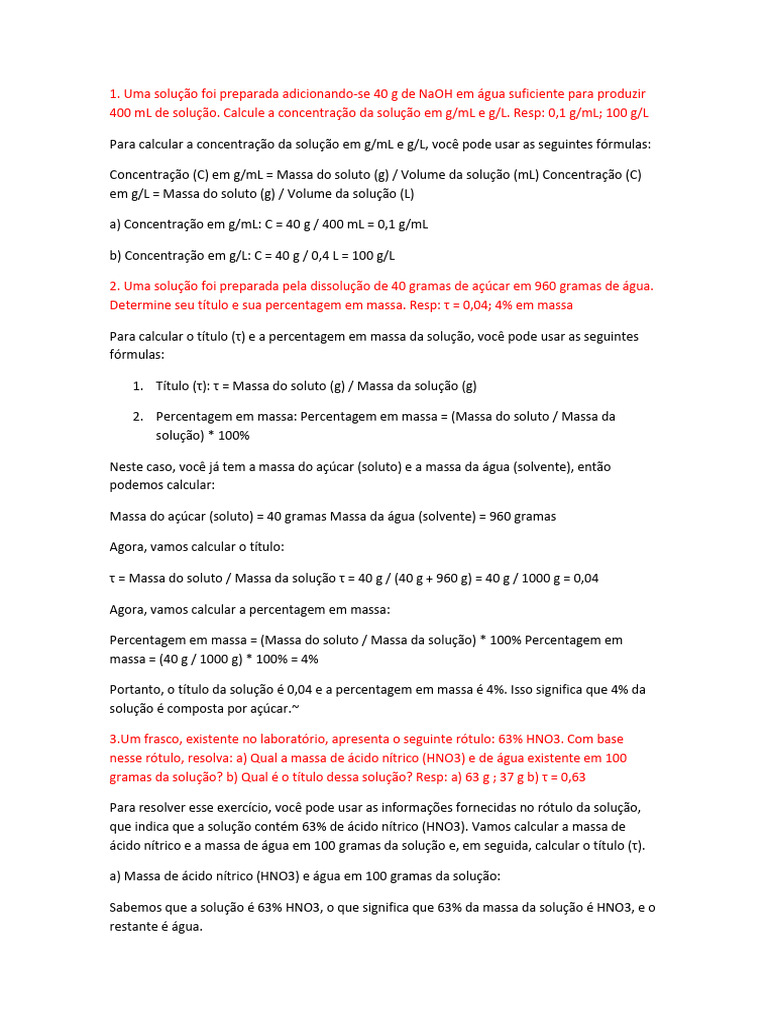 Exercícios Sobre Soluções 1-8 | PDF | Concentração | Concentração molar Exercícios Sobre Soluções 1-8 | PDF | Concentração | Concentração molar