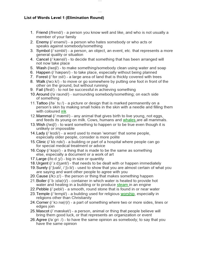 English Vocabulary Level 1 List | PDF