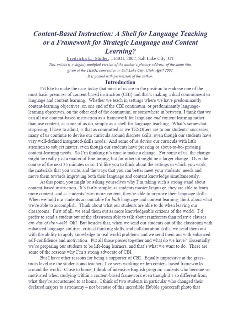 Content Based Instruction Stoller 2002 | PDF | Curriculum | Learning