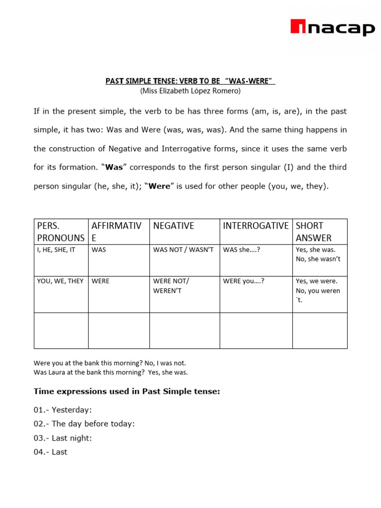 PAST SIMPLE TENSE To Be WAS WERE | PDF | Verb | Grammatical Tense