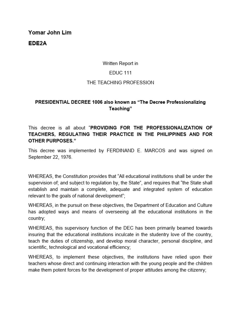 Presidential Decree - 1006 - (Yomar Lim) | PDF | Teachers | Academic Degree