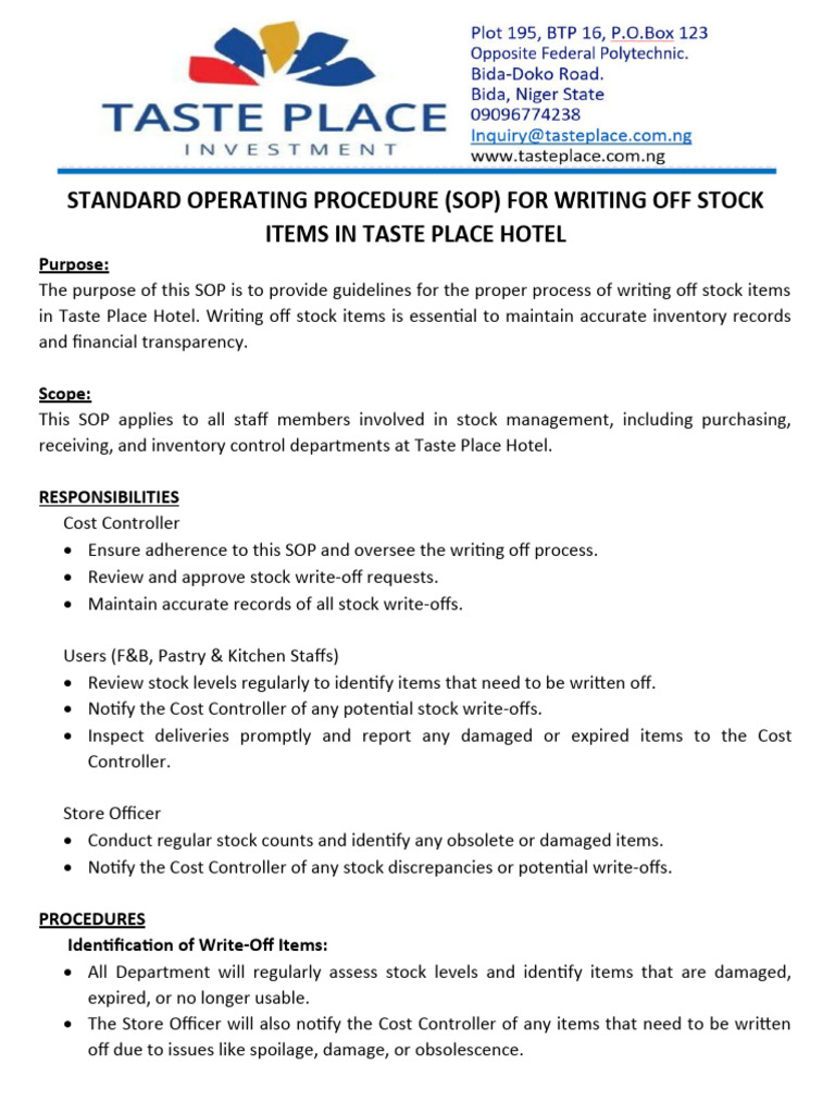 (Sop) For Writing Off Stock Items | PDF | Inventory | Business