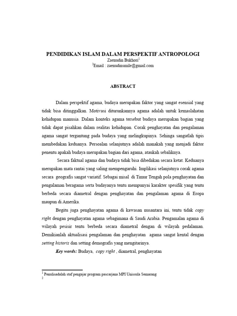 Artikel Pendidikan Islam Dalam Perspektif Antropologil A.N Zaenudin I Komentator Akhmad Mustakim ...