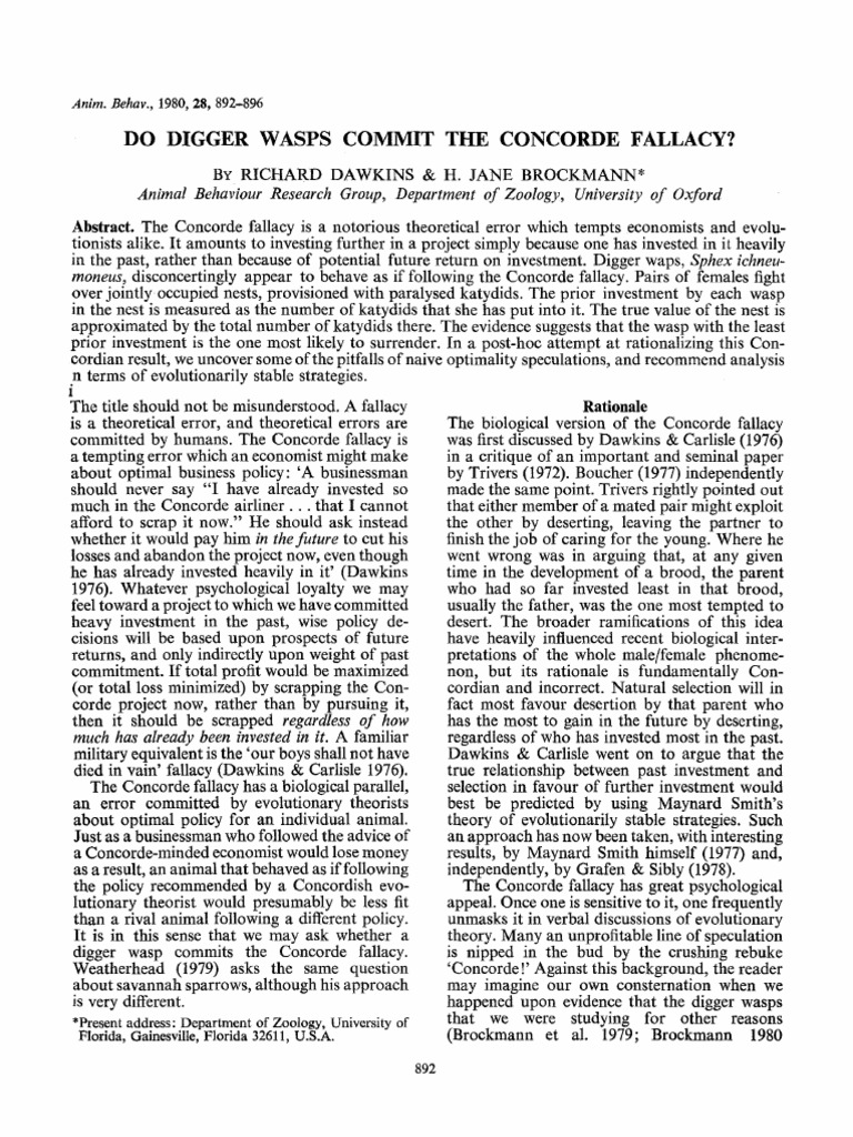 Dawkins, Richard - Do Digger Wasps Commit The Concorde Fallacy (1980 ...