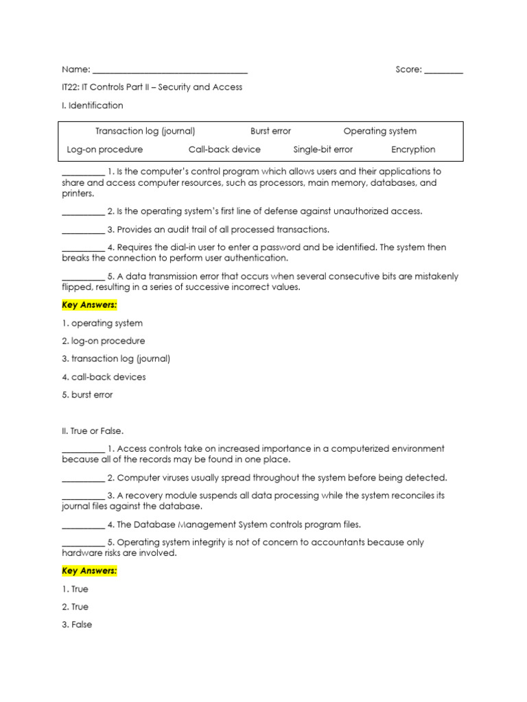 IT22 CH16 Quiz Key Answers | PDF | Computer Security | Security