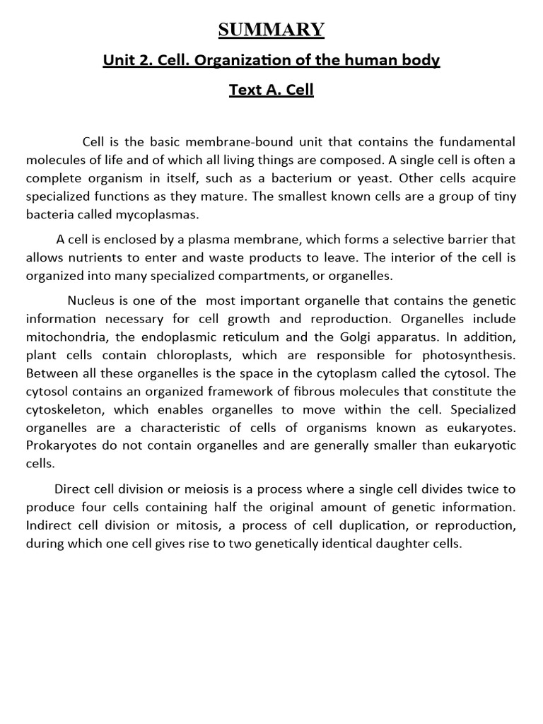 Unit 2. Cell. Organization of The Human Body - Text A. Cell | PDF ...