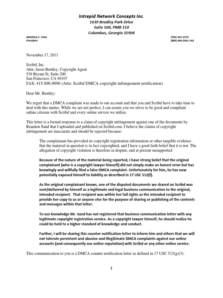 Scribd DMCA Counter Notification Letter - Brandon Sand | PDF | Online ...