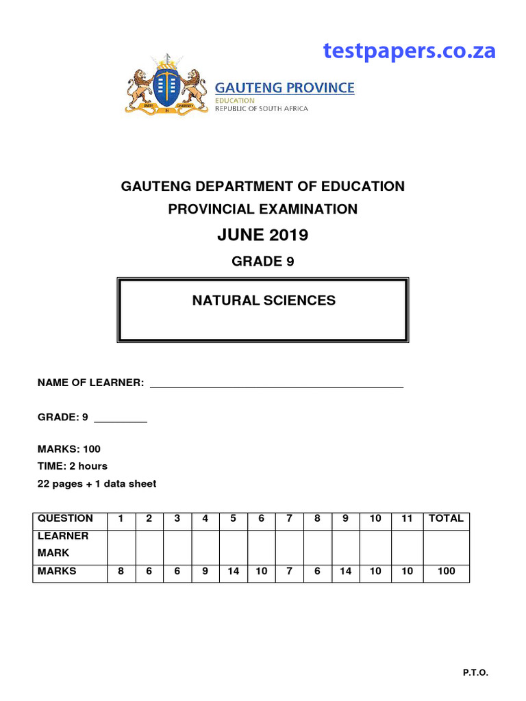 Grade 9 Natural Sciences Exam Paper | PDF | Acid | Chemistry
