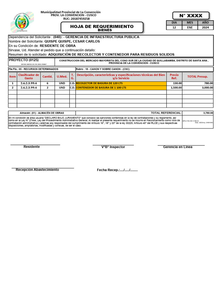 05 Formato Req. Materiales 2024 Final | PDF | Residuos