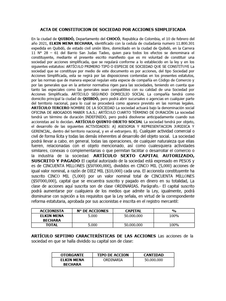 Acta de Constitucion de Sociedad Por Acciones Simplificada Elkin Mena (7416) | Descargar gratis ...