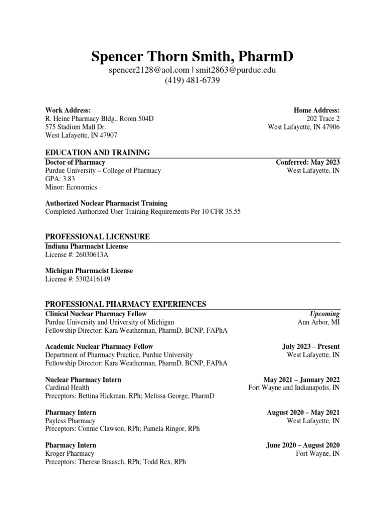 Spencer Smith CV 5 7 24 | PDF | Pharmacist | Pharmacy