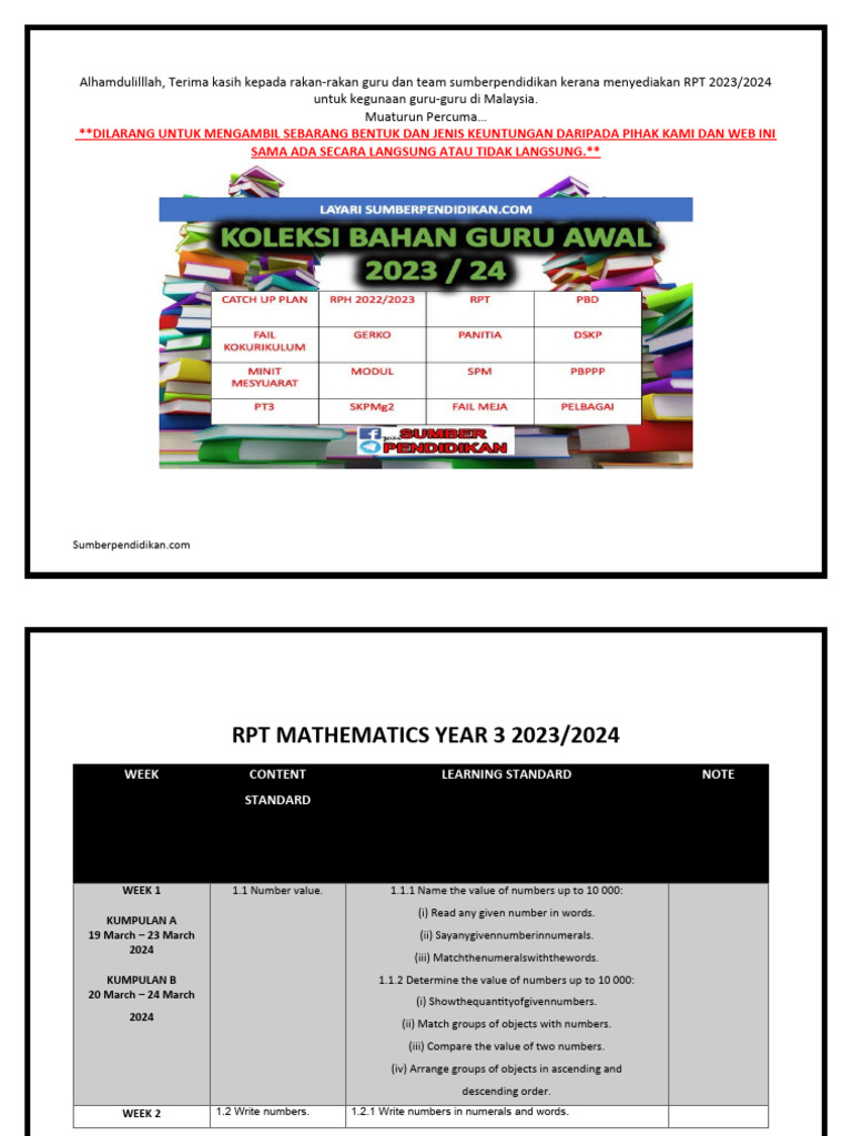 RPT 2023 DLP Mathematics Year 3 KSSR Semakan | PDF | Litre | Percentage