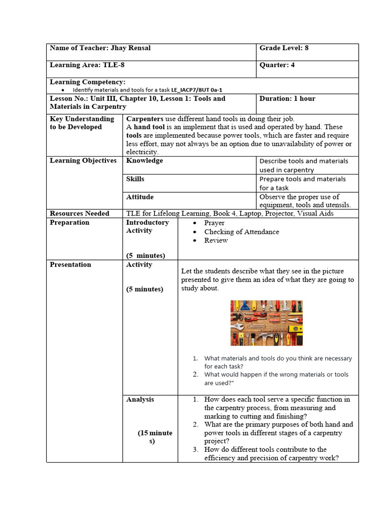 IPLAN-TLE8-Q4-IPLAN | PDF | Accuracy And Precision | Carpentry