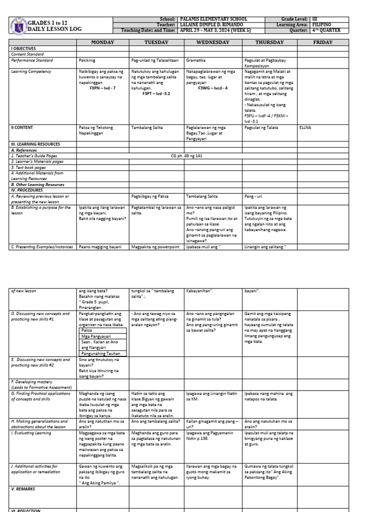 DLL - Filipino 3 - Q4 - W5 | PDF