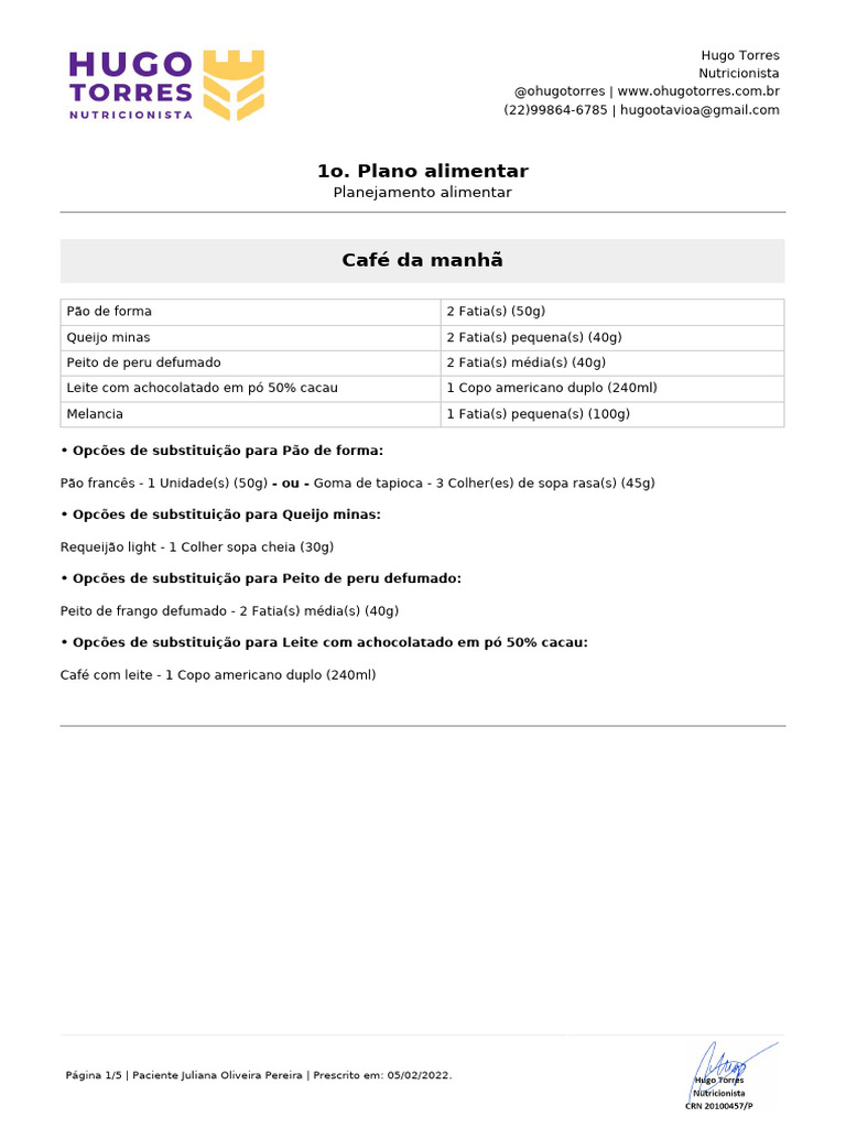 Plano Alimentar Personalizado para Juliana | PDF | Alimentos