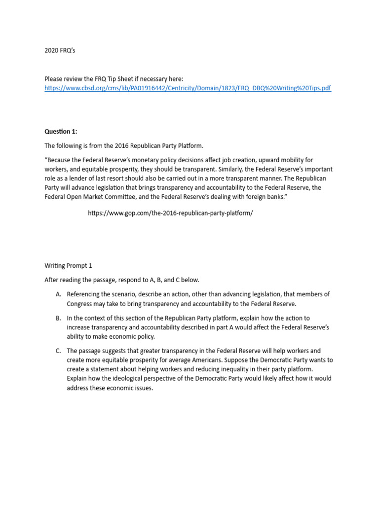 2020 FRQ Analysis and Writing Prompts | PDF | Federal Reserve | Justice