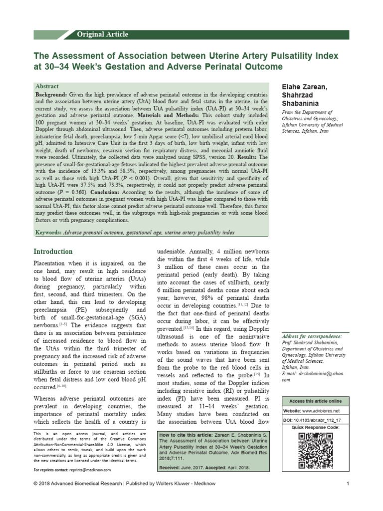 Uterine Artery Pulsatility Index and Perinatal Outcomes | PDF ...