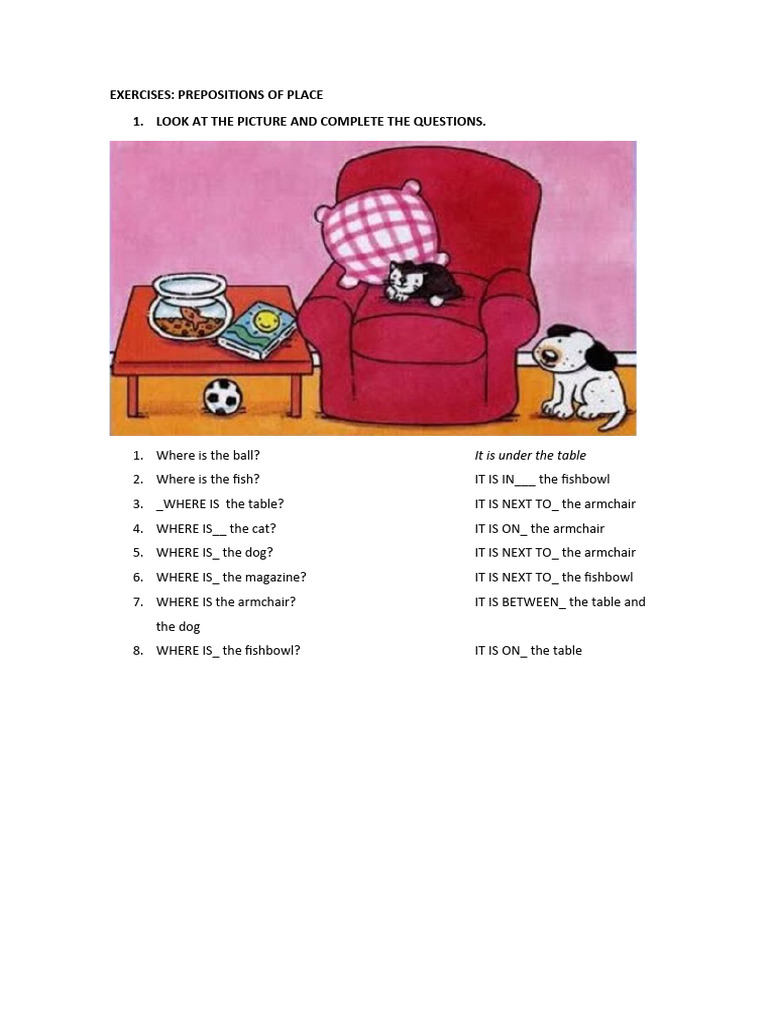 Prepositions of Place Exercises | PDF
