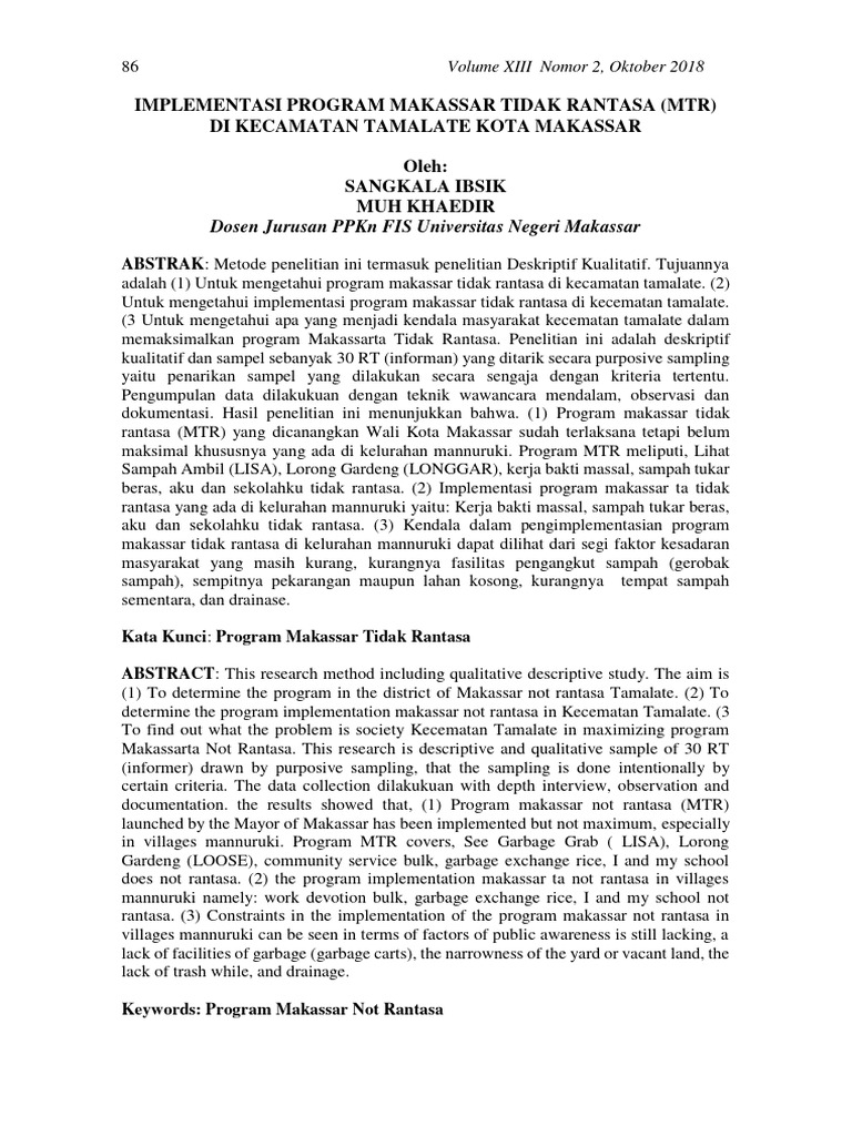 Implementasi Program Makassar Tidak Rantasa MTR Di | PDF