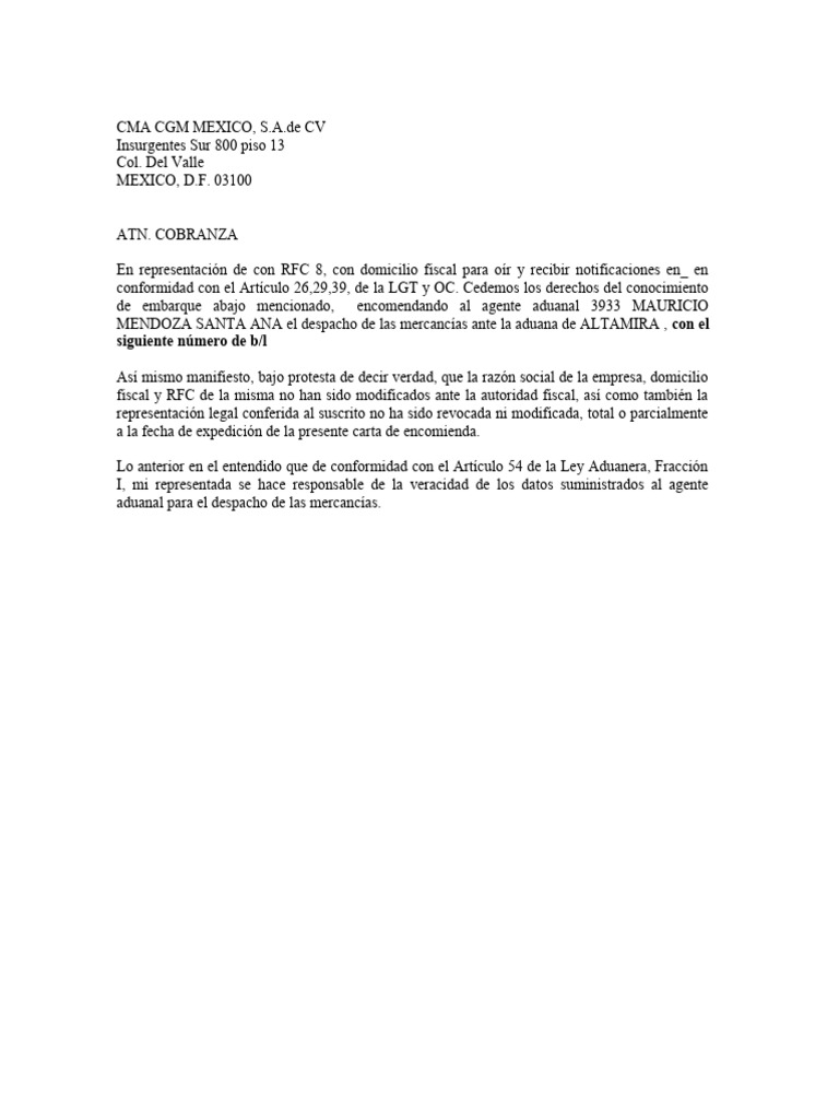 Carta Encomienda CMA | PDF