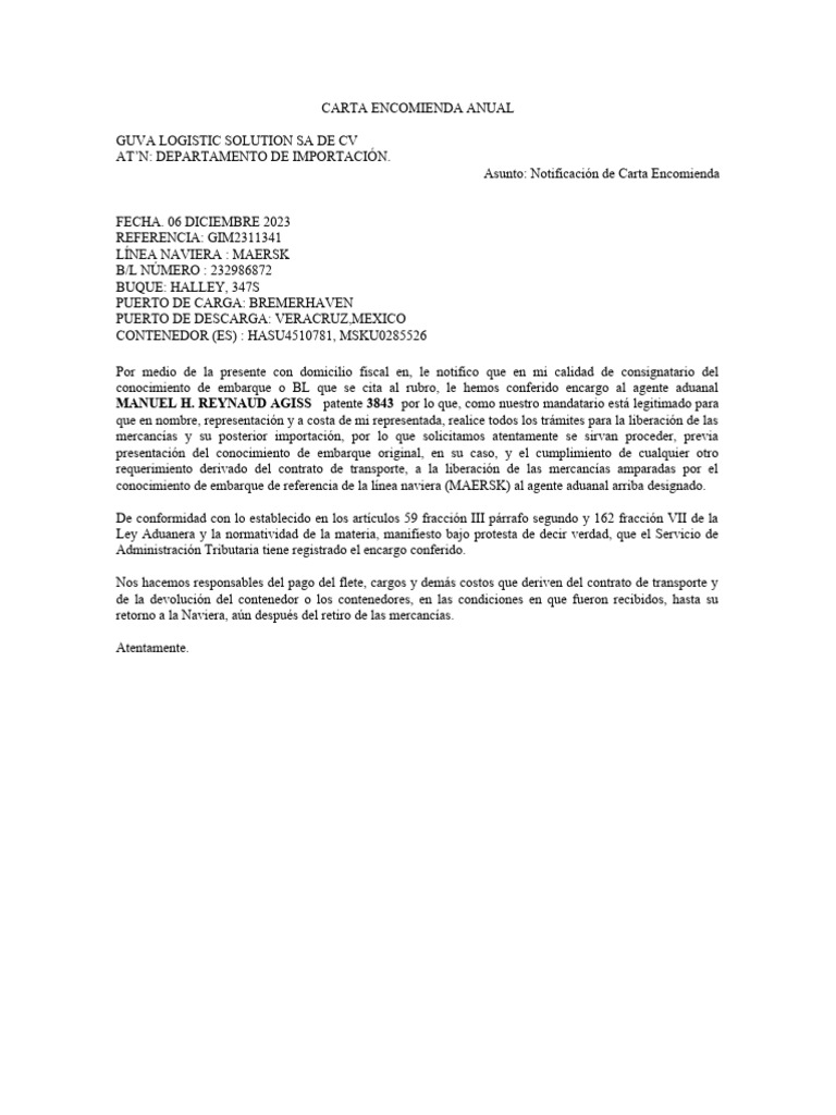 Carta Encomienda Importación 2023 | PDF | Negocios | Derecho