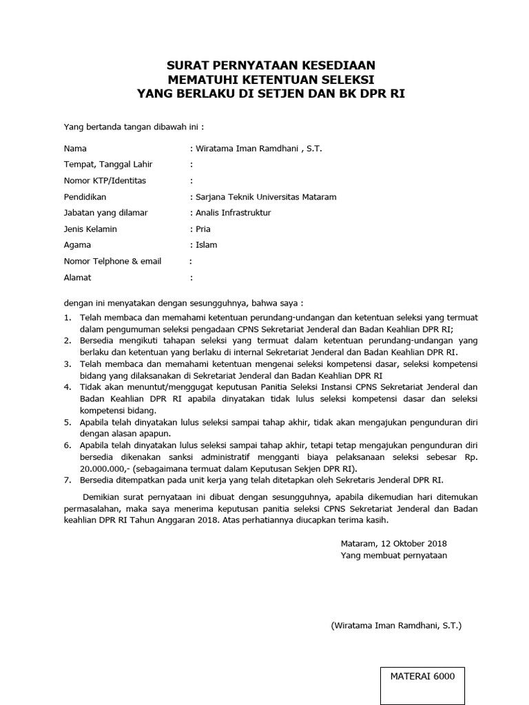 Contoh-Surat-Pernyataan-Kesediaan DPR | PDF | Hukum