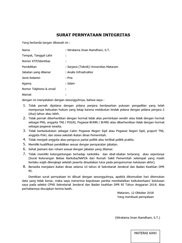 Contoh-Surat-Pernyataan-Integritas DPR | PDF