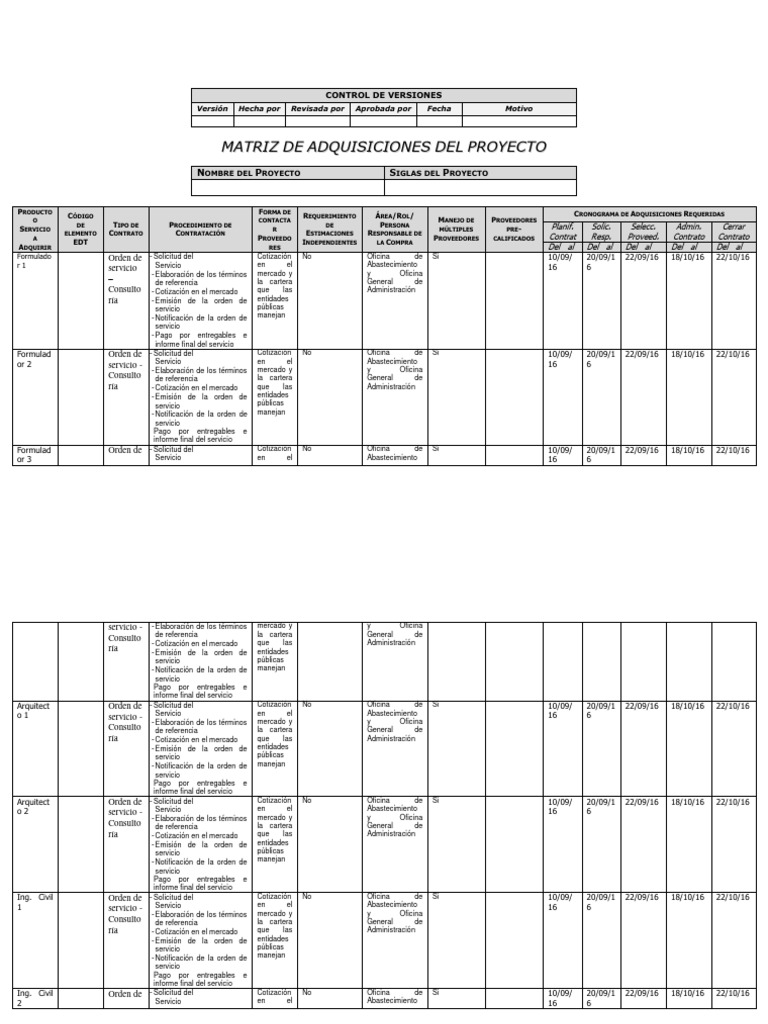 Formato - Matriz de Adquisicones de Proyecto | PDF