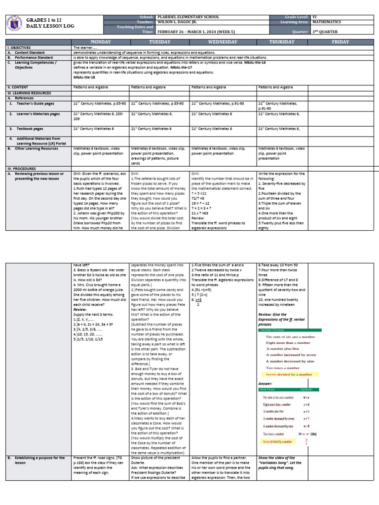 DLL Mathematics 6 q3 w5 | PDF | Numbers | Equations