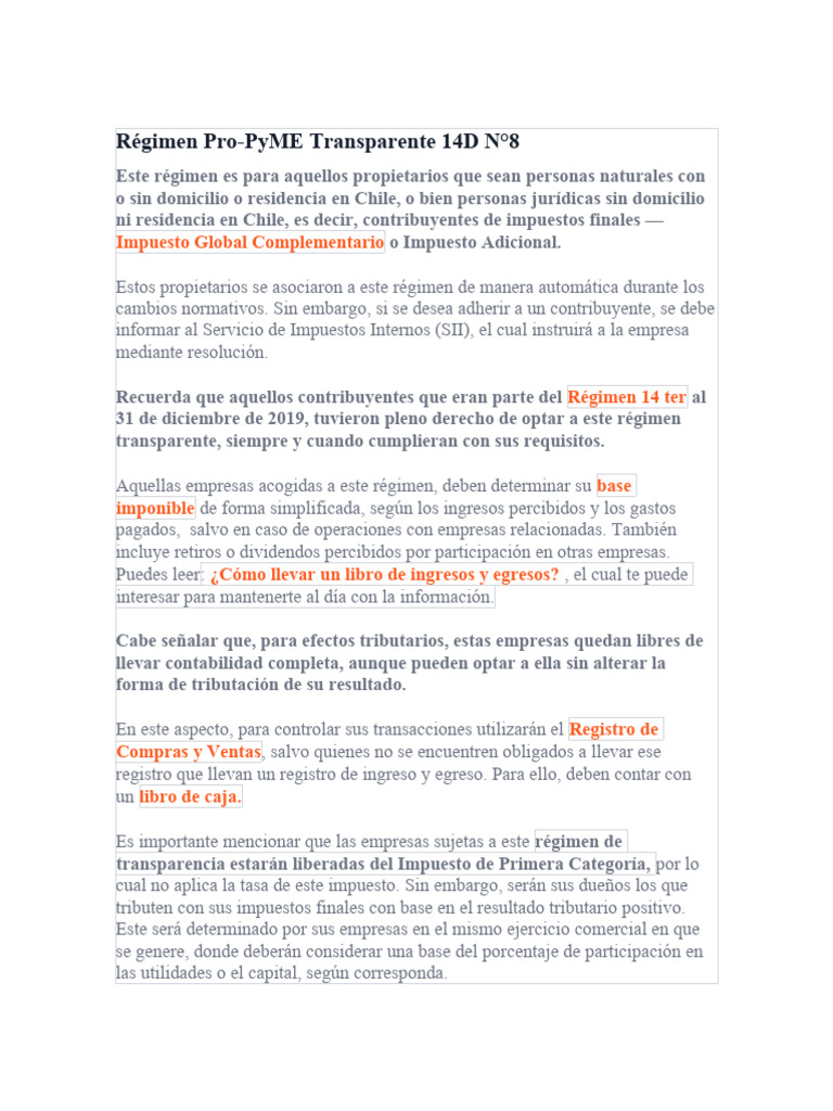 Régimen Pro-Pyme Transparente 14D N°8: Impuesto Global Complementario ...