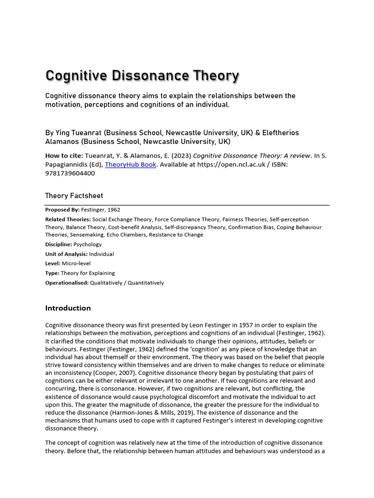 Cognitive Dissonance Theory | PDF | Attitude (Psychology) | Cognition